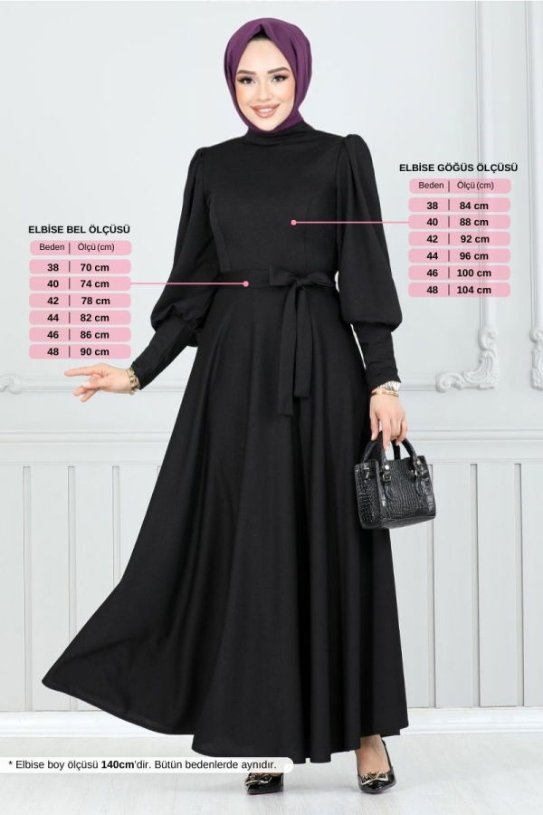 Balon Kollu Krep Elbise 4539ALG1079-M Siyah - Moda Selvim