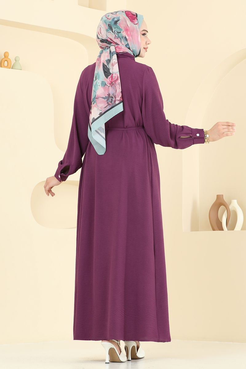 Boncuk Detaylı Elbise Ferace 3141HBS856 Mürdüm - Moda Selvim