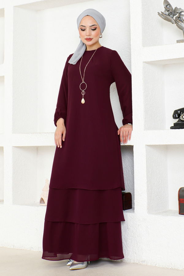 Chiffon Hijab Dress ASM2698-M Burgundy - Moda Selvim
