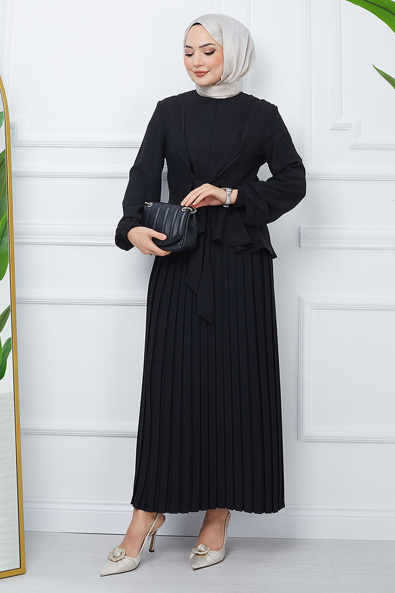 Pleated Crepe Skirt Crepe Suit EFS544 Black - Moda Selvim