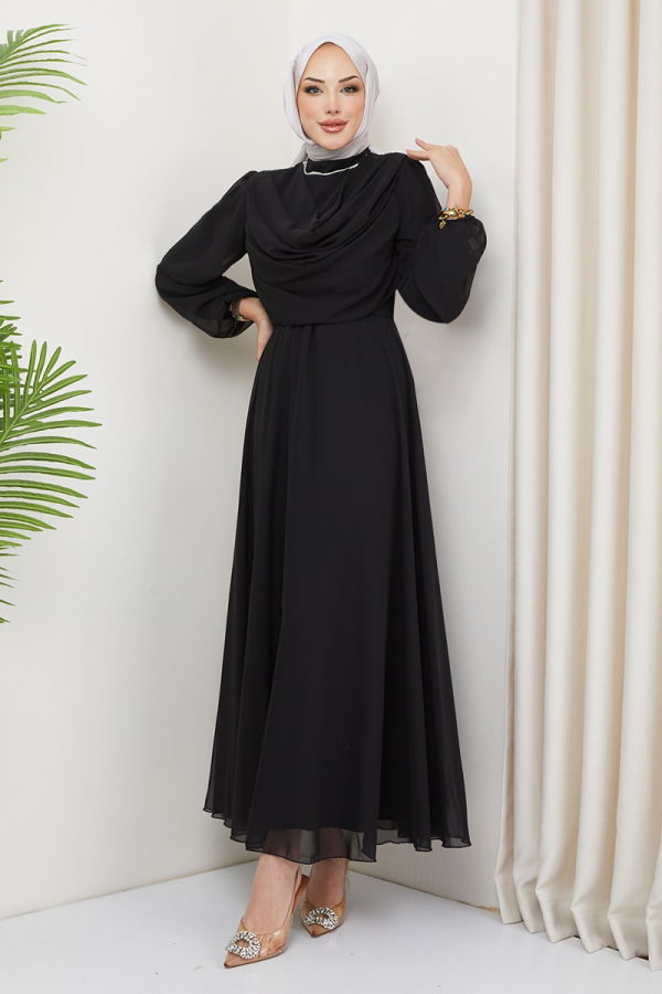 Drape Detailed Chiffon Evening Dress LPN2010 Black - Moda Selvim
