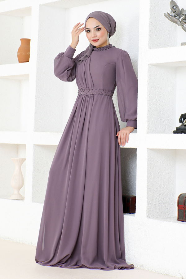 Draped Chiffon Evening Dress MDY4858-M Lilac - Moda Selvim