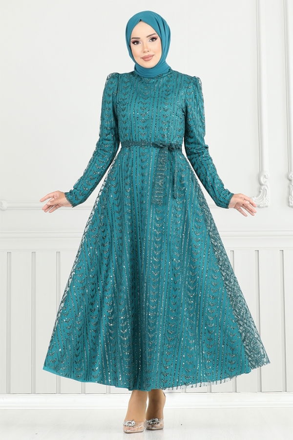 فستان سهرة 5688END900-M بترولي - Moda Selvim