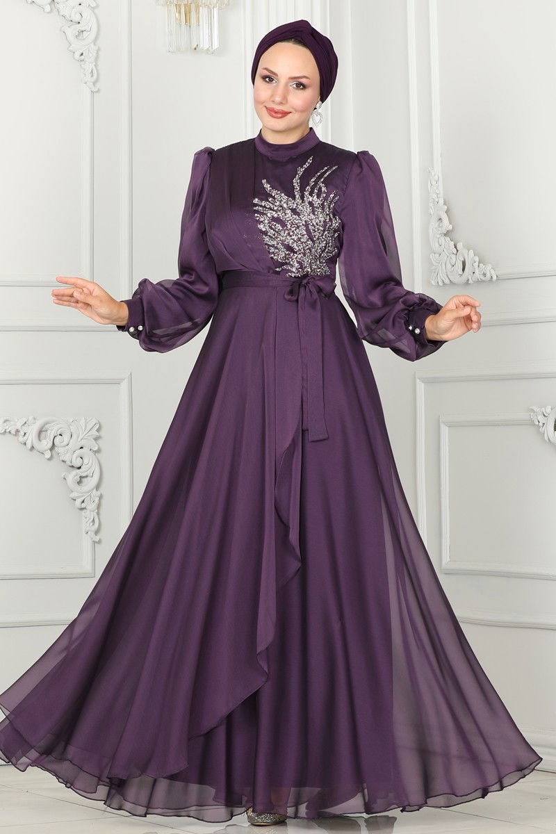 فستان سهرة 5402AB368 ليلكي غامق - Moda Selvim