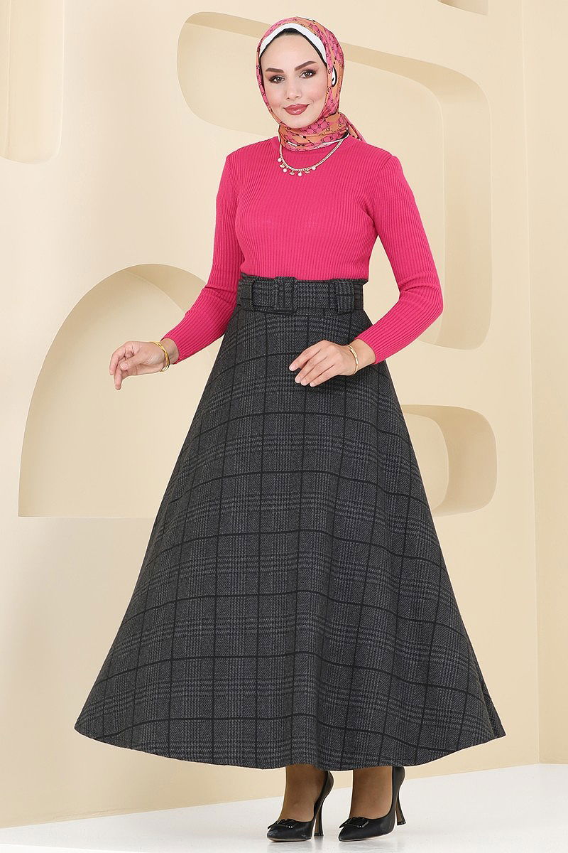 Kemerli Ekose Etek 22007UKB139 Antrasit - Moda Selvim