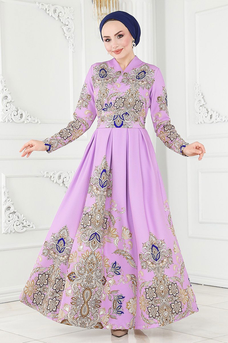 Kruvaze Yakalı Atlas Elbise 2390JNF844 Lila - Moda Selvim