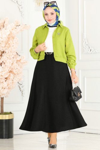 بدلة كتان مفصلة بأزرار 5007HBS856 أخضر زيتي وأسود - مودا سيلفيم