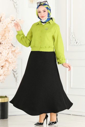 بدلة كتان مفصلة بأزرار 5007HBS856 أخضر زيتي وأسود - مودا سيلفيم