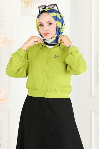 بدلة كتان مفصلة بأزرار 5007HBS856 أخضر زيتي وأسود - مودا سيلفيم