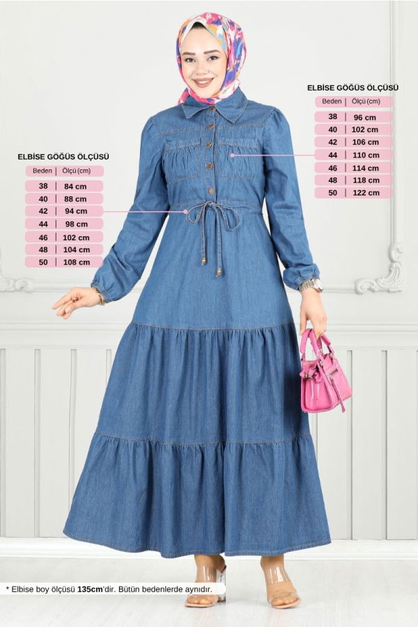 Manşeti Lastikli Kot Elbise 25019MTS1095-M Kot - Moda Selvim