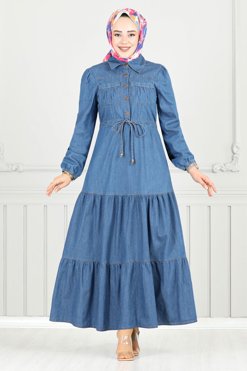 Manşeti Lastikli Kot Elbise 25019MTS1095-M Kot - Moda Selvim