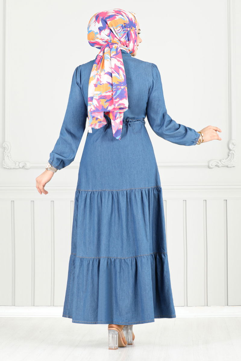 Manşeti Lastikli Kot Elbise 25019MTS1095-M Kot - Moda Selvim