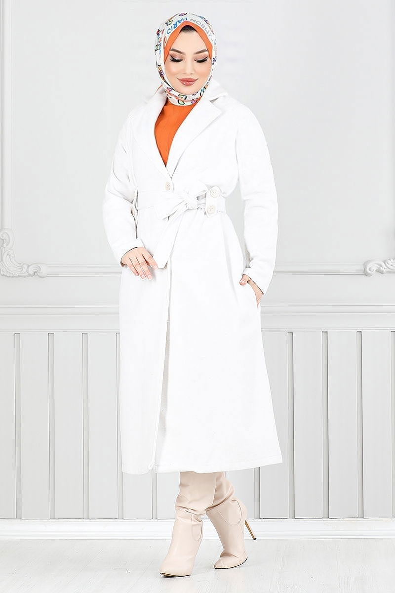 Önden Düğmeli Kaşe Kaban MSL5966-M Ekru - Moda Selvim