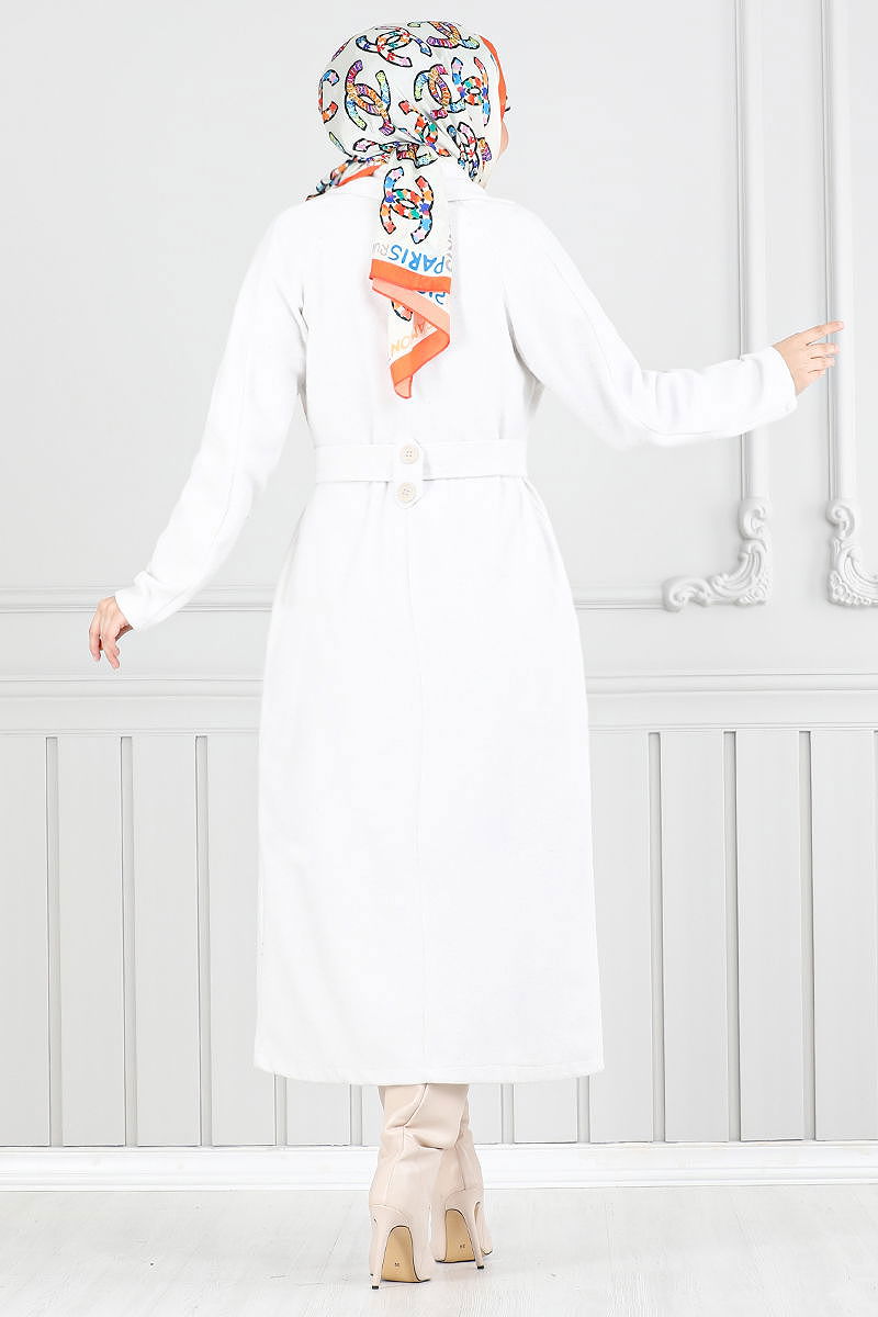 Önden Düğmeli Kaşe Kaban MSL5966-M Ekru - Moda Selvim