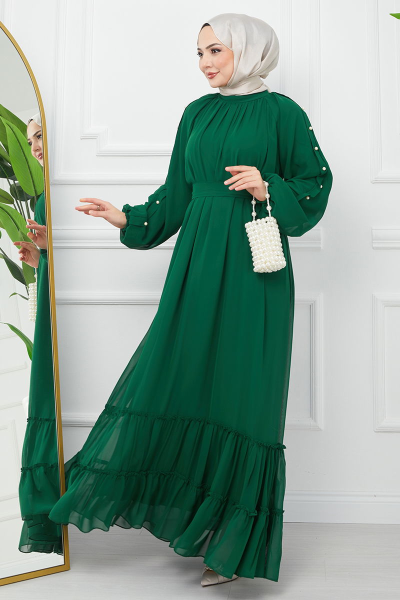 Pearl Detailed Chiffon Dress EFS536 Emerald - Moda Selvim