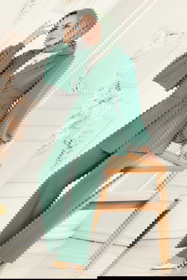 Sleeves Chiffon Double Dabıl Suit 5990BSK463 Mint - Moda Selvim