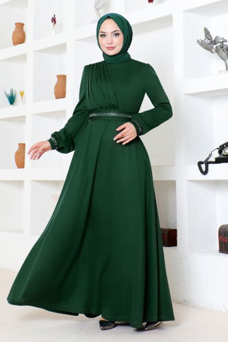Stone Embroidered Dress DVL272-M Emerald - Moda Selvim