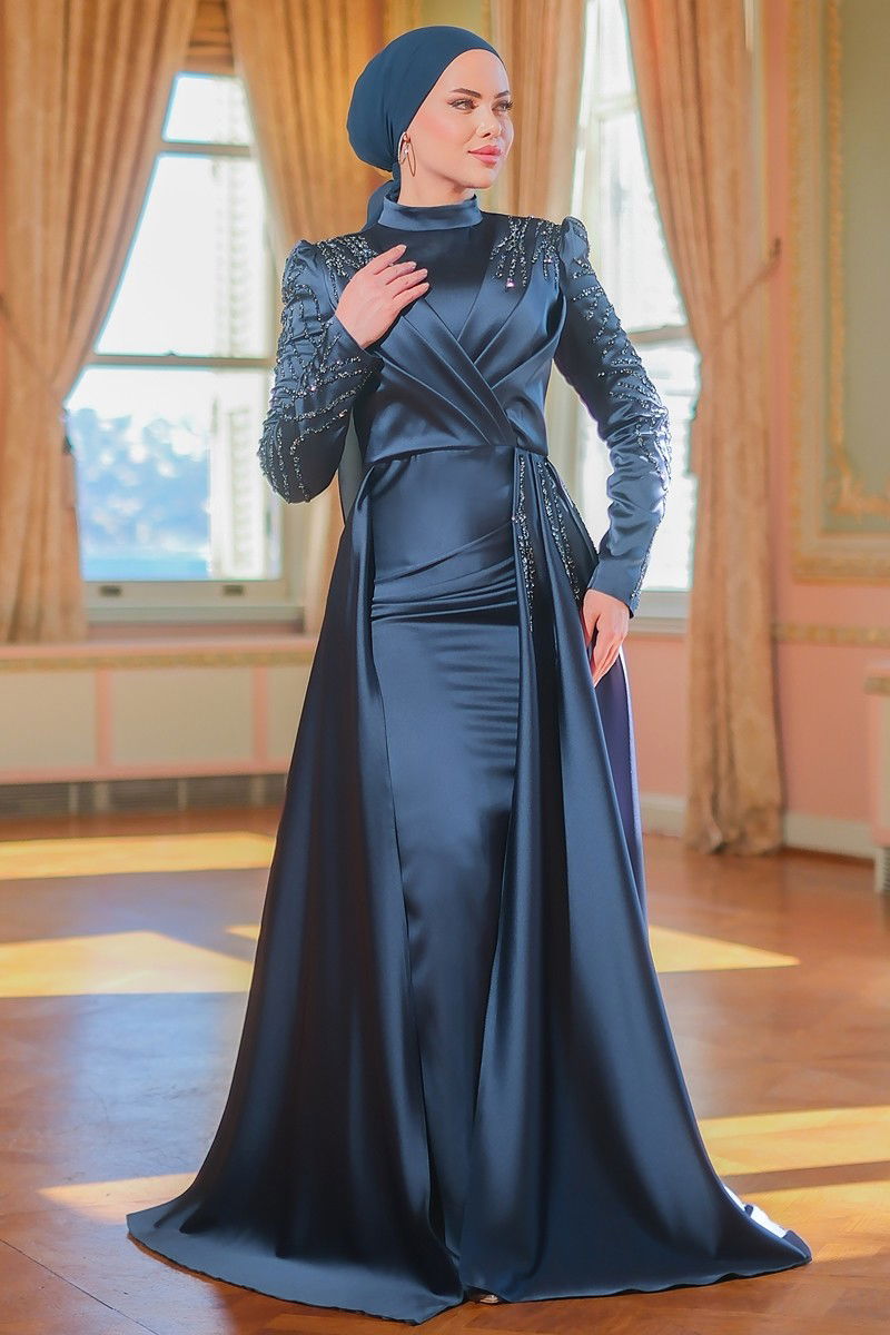 SUAL Taş İşlemeli Saten Abiye 4338D170 İndigo - Moda Selvim