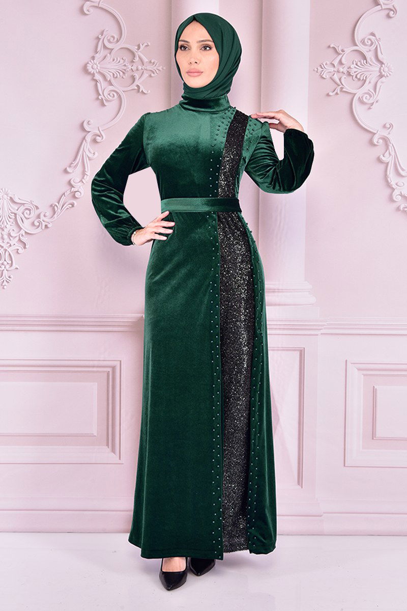 Velvet Hijab Evening Dresses ASM2525-M Emerald - Moda Selvim