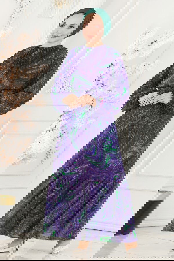 Wave Pattern Chiffon Dress 6094BSK463 Purple&Green - Moda Selvim