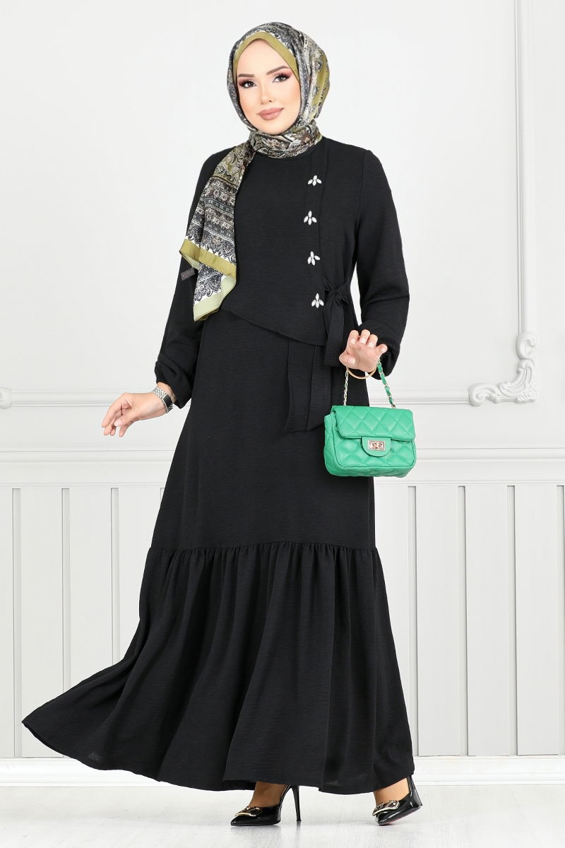 Yandan Bağcıklı Elbise 2680SL890-M Siyah - Moda Selvim