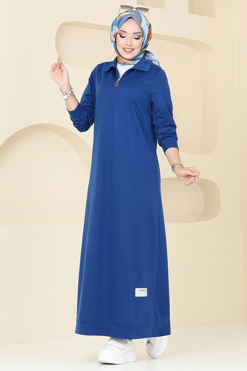 Yarım Fermuarlı Armalı Elbise 302DVL817 İndigo - Moda Selvim